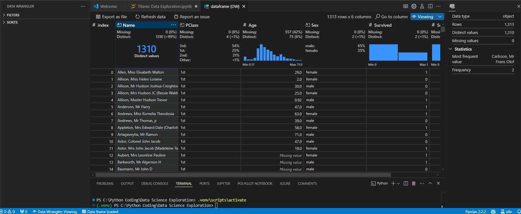 Data Science via VS Code. Part 3: DataFrame with some basic exploratory tasks
