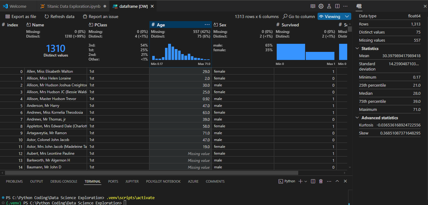 Data Science via VS Code. Part 3: DataFrame with some basic exploratory tasks