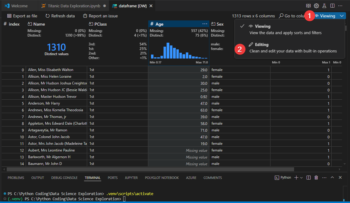 Data Science via VS Code. Part 3: DataFrame with some basic exploratory ...